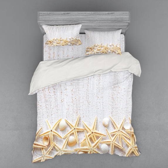 Ambesonne White Bedding Set 4 Pcs, Sea Shells on Timber, Queen, Pearl ...