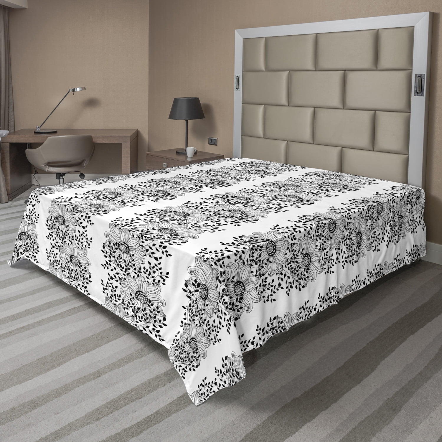 Floral Flat Sheet, Monochrome Flowers Graphic in Vertical Arrangement ...