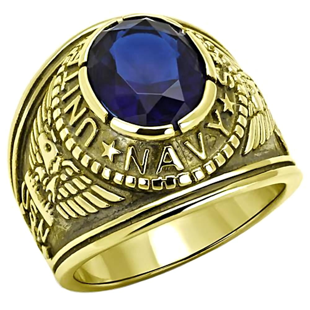 5.0ct Blue Sapphire USA Navy Male Military Signet Ring Steel IP 14K ...