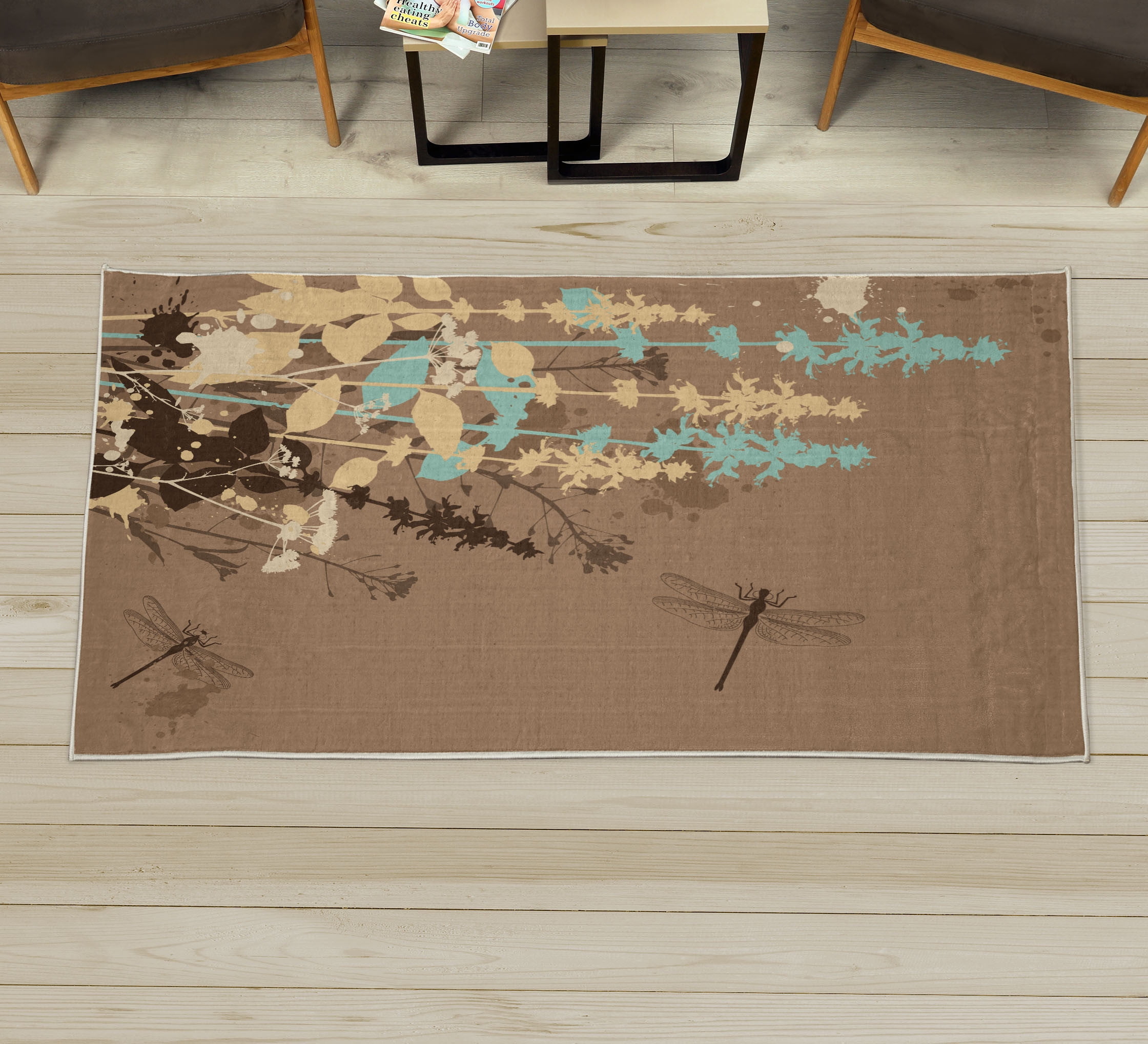 Dragonfly Decorative Rug, Nature Plants Grass with Wildflowers with ...