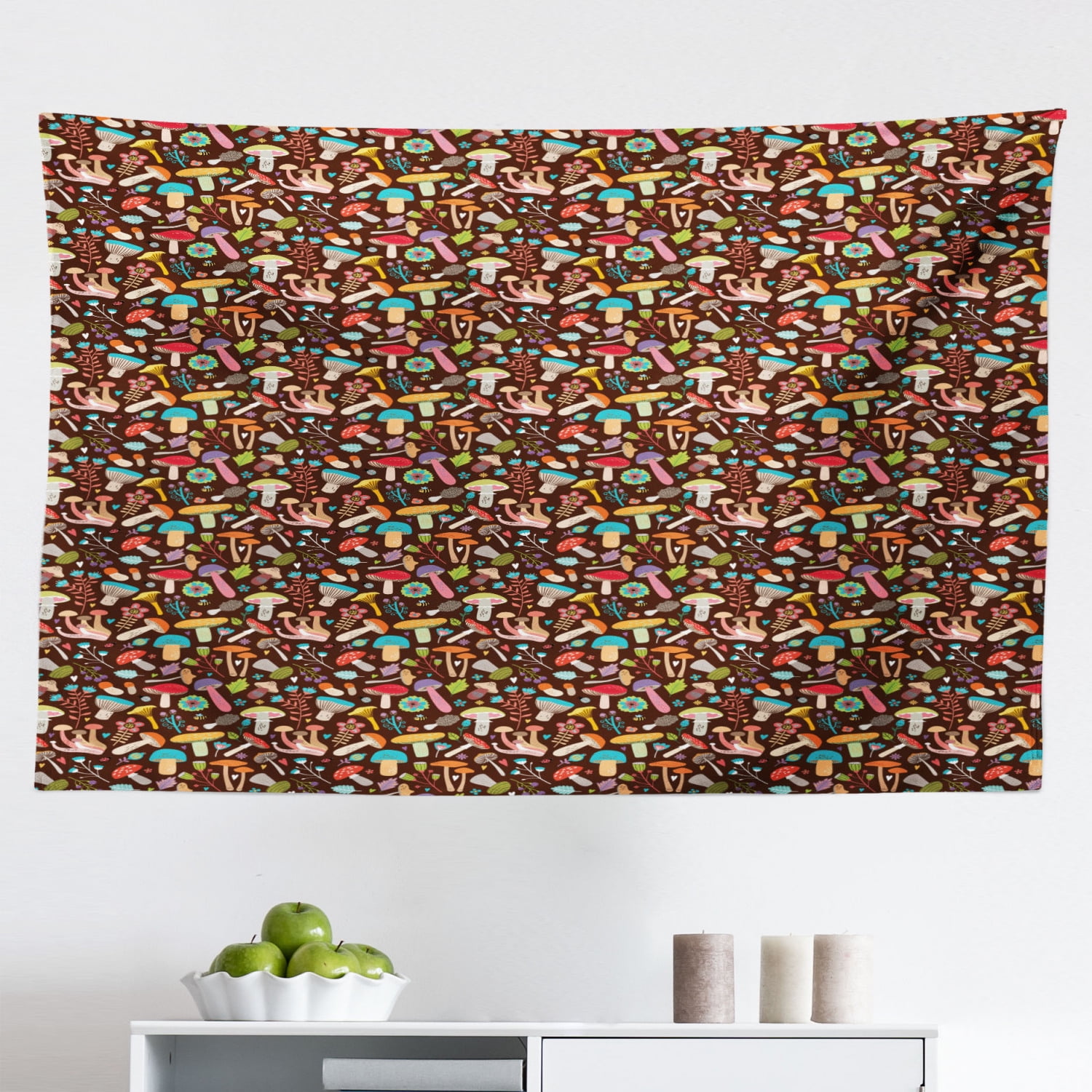 Cartoon Tapestry, Sketch Style Simplistic Hand Drawn Trees and Mushroom ...