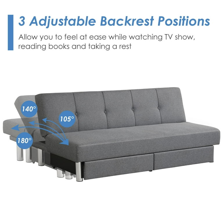 Costway 3 Seat Convertible Linen Fabric Tufted Sofa Bed with 2 Storage Drawers Grey