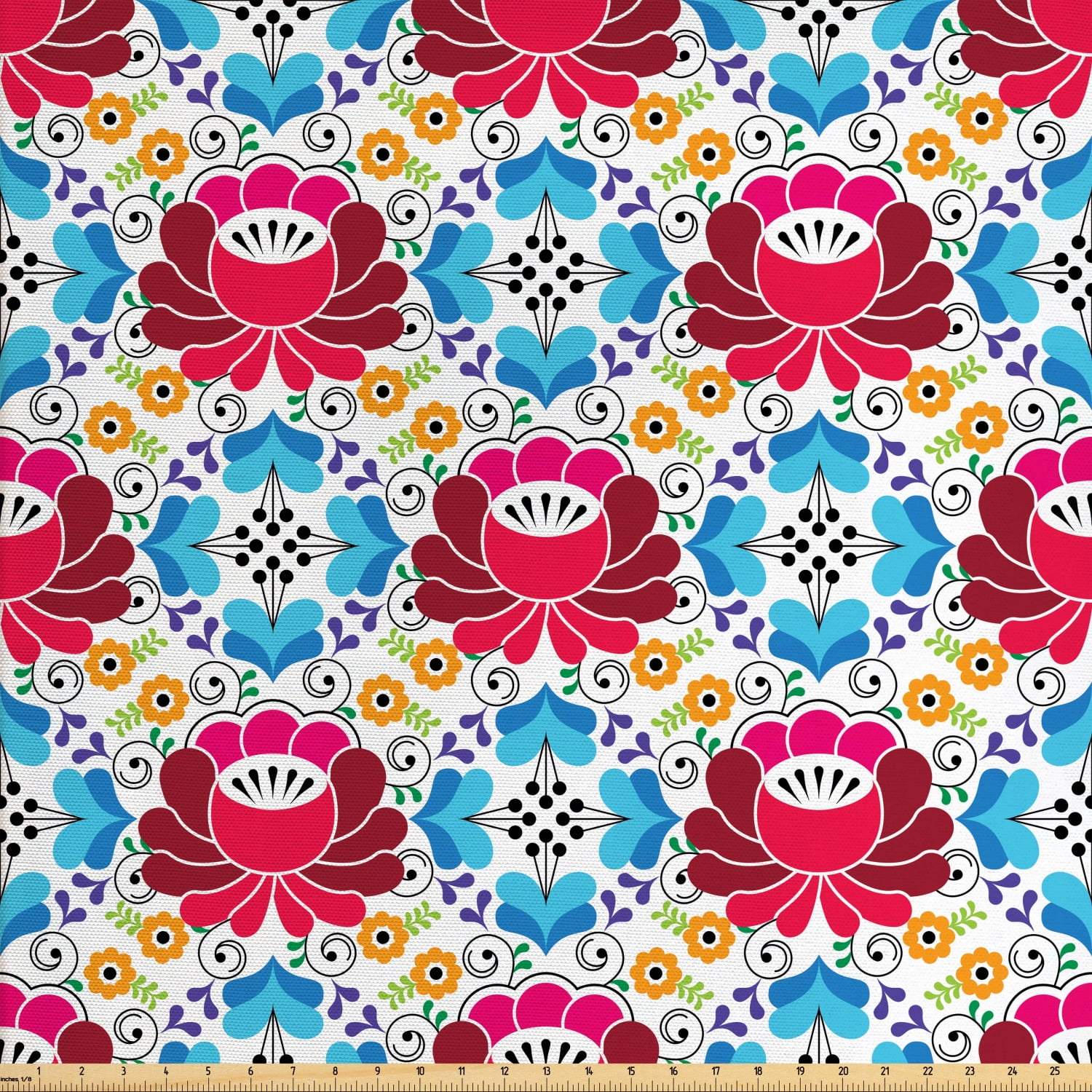 Colorful Fabric by the Yard, Slavic Culture Russian Folk Pattern Floral ...