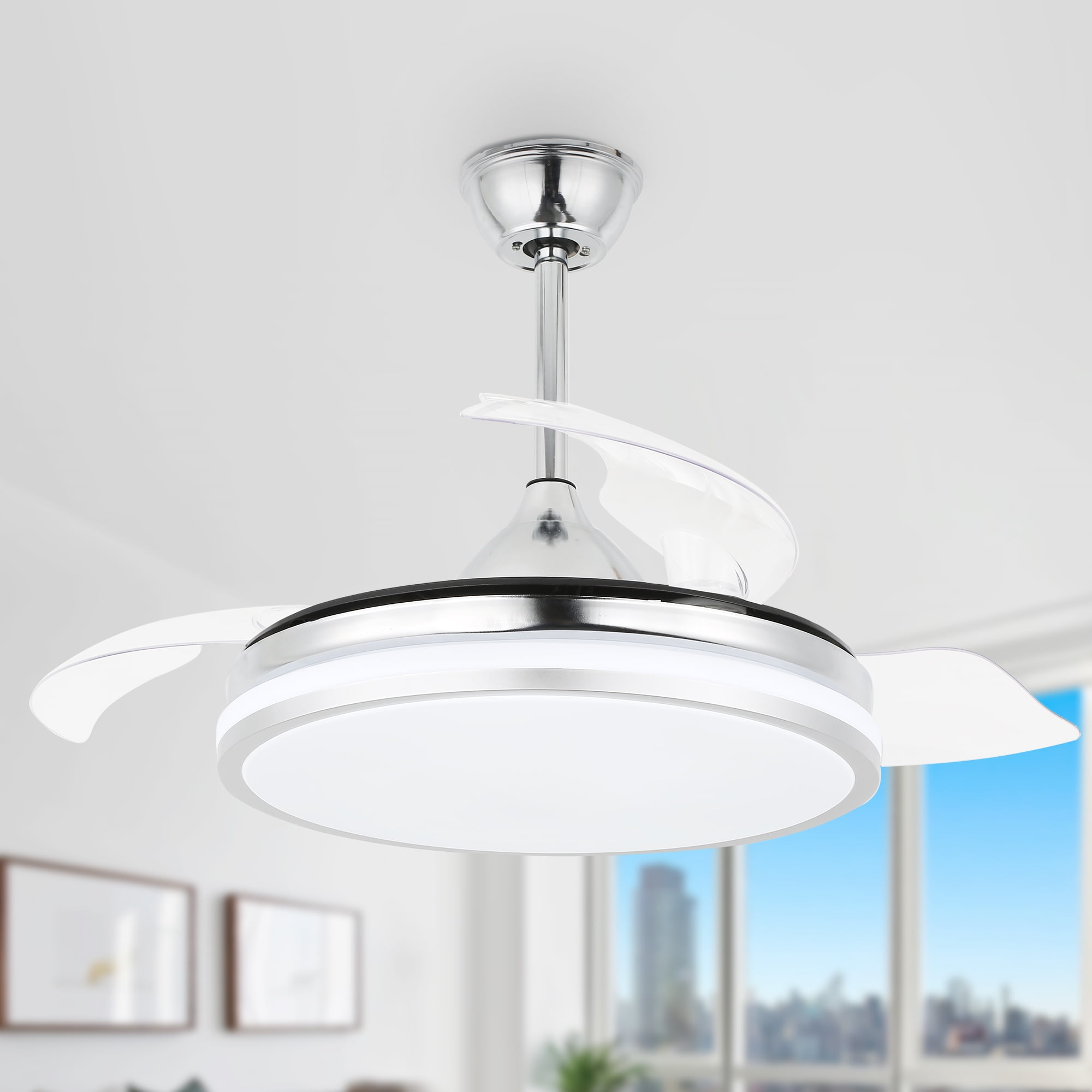 36W Led Silver Reversible Ceiling Fan with Retractable Blades and ...