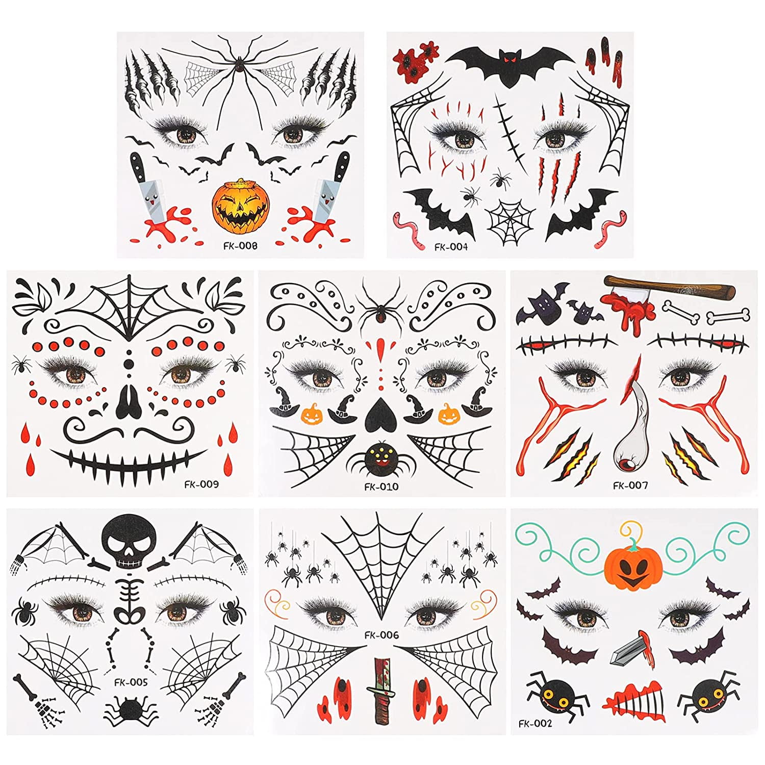 8 Sheets Halloween Face Tattoo Sticker Face Temporary Tattoo 3D Tattoos ...
