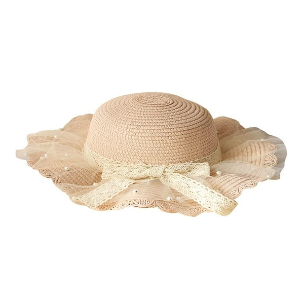 POINTERTECK Girls Beach Hat Weave Wavy Design Pearl Mesh Bow ...