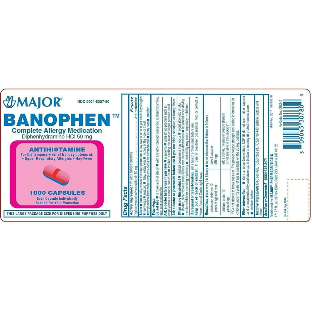 Major Banophen Diphenhydramine Capsules, 50 mg, 1000 Count - Walmart ...