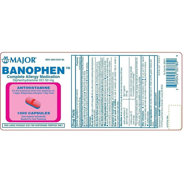 Major Banophen Diphenhydramine Capsules, 50 mg, 1000 Count - Walmart ...