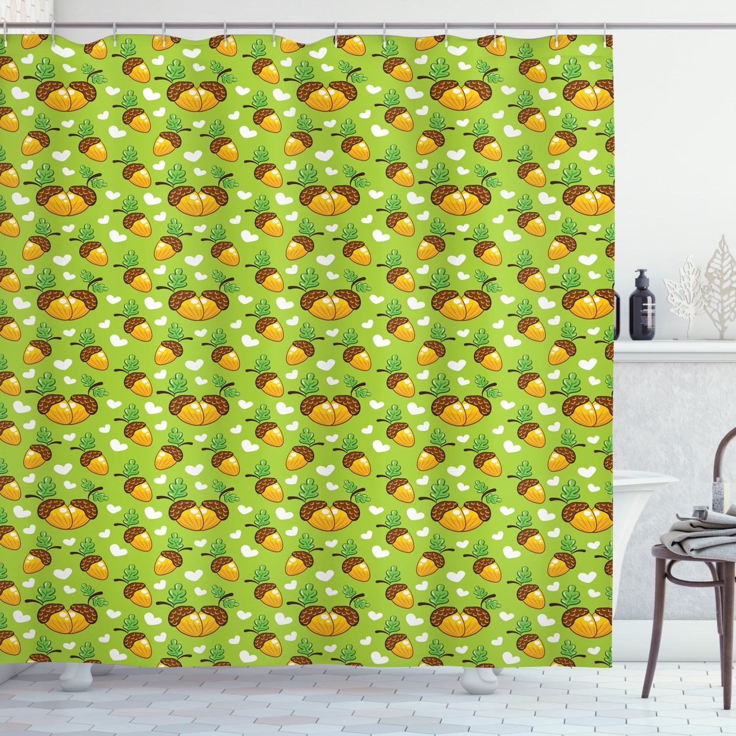 Acorn Shower Curtain, Hearts Leaves and Nuts Love Nature Themed Autumn ...