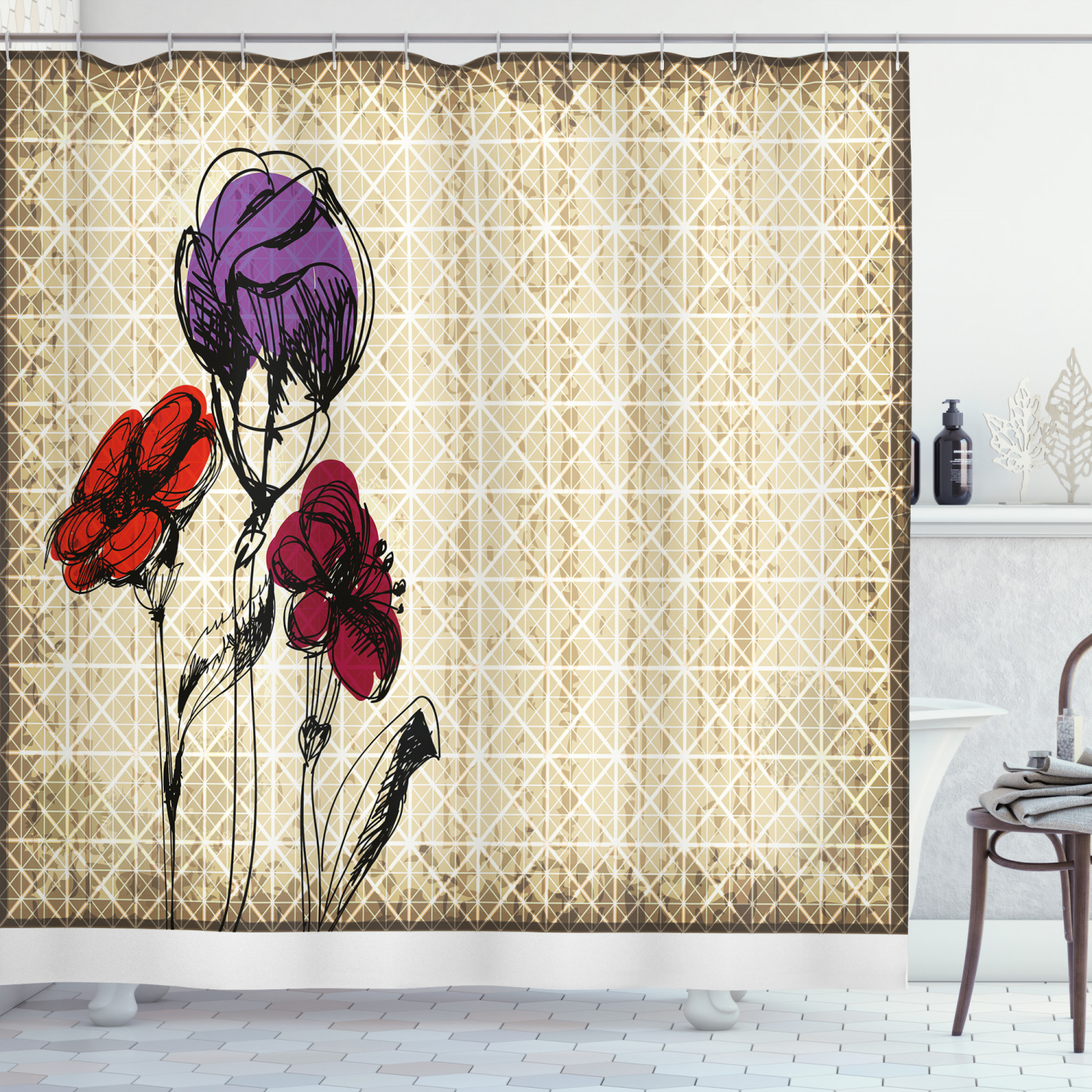 Floral Shower Curtain, Sketchy Flower Petals with Grunge Effects Blooms ...