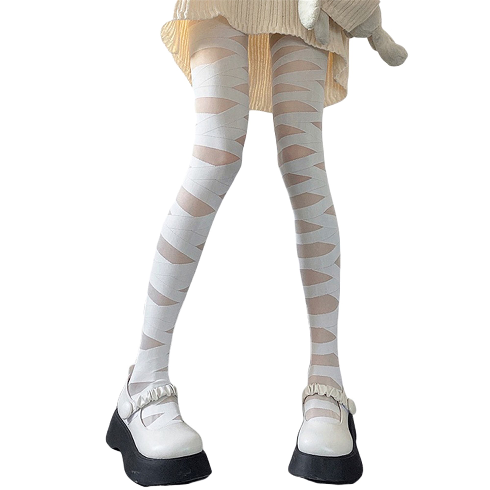 Liacowi Women Sheer Mesh Tights High Waist Cross Tie-Up Bandage Print ...