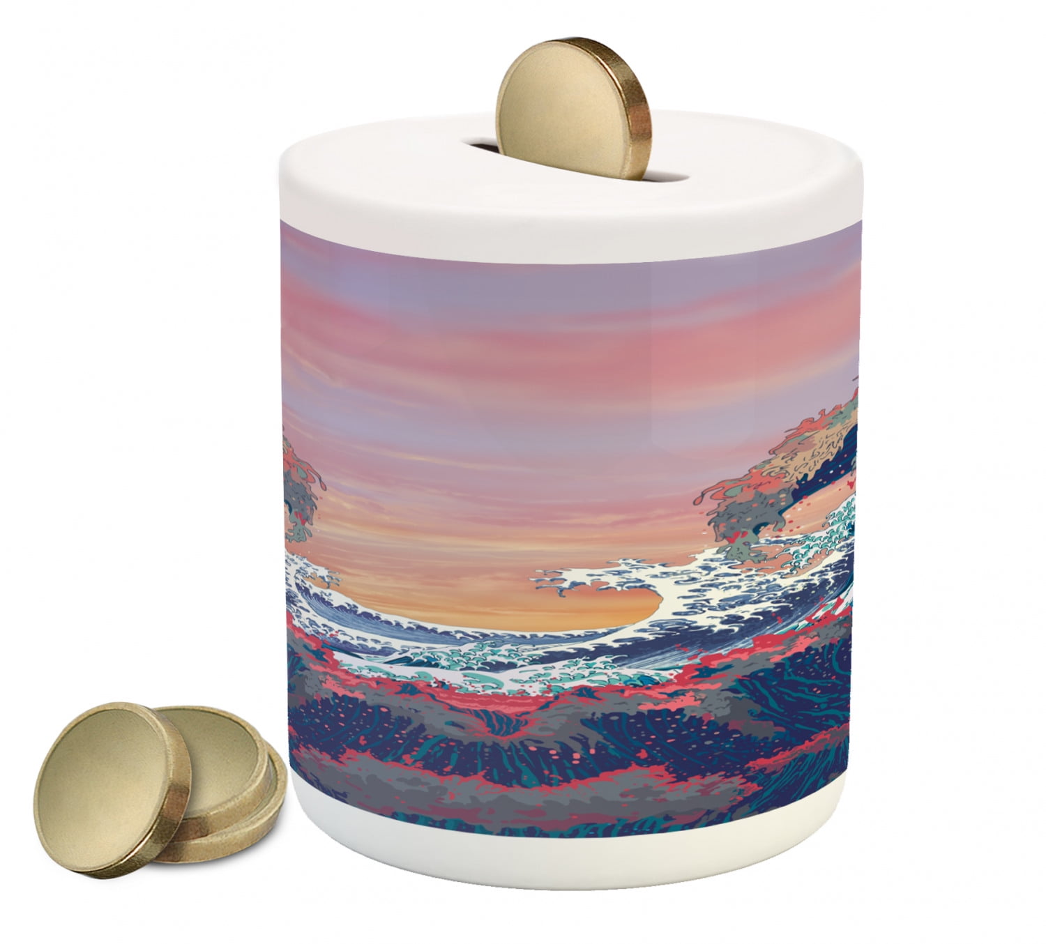 Modern Piggy Bank, Colorful Fantasy Sea Waves Ocean Modern Fictional ...