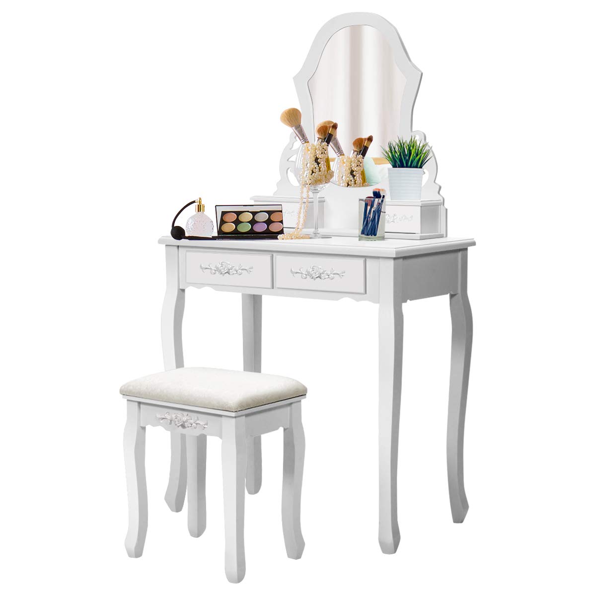 Costway White Vanity Jewelry Wooden Makeup Dressing Table Set Bathroom Costway White Vanity Jewelry Wooden Makeup Dressing Table Set Bathroom