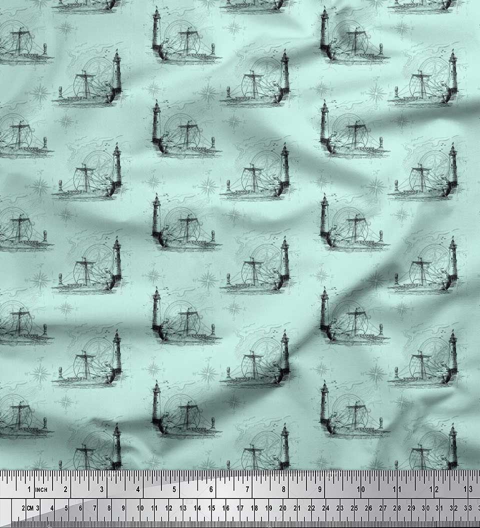 Soimoi Satin Silk Fabric Direction Compass,Lighthouse & Yacht Nautical ...