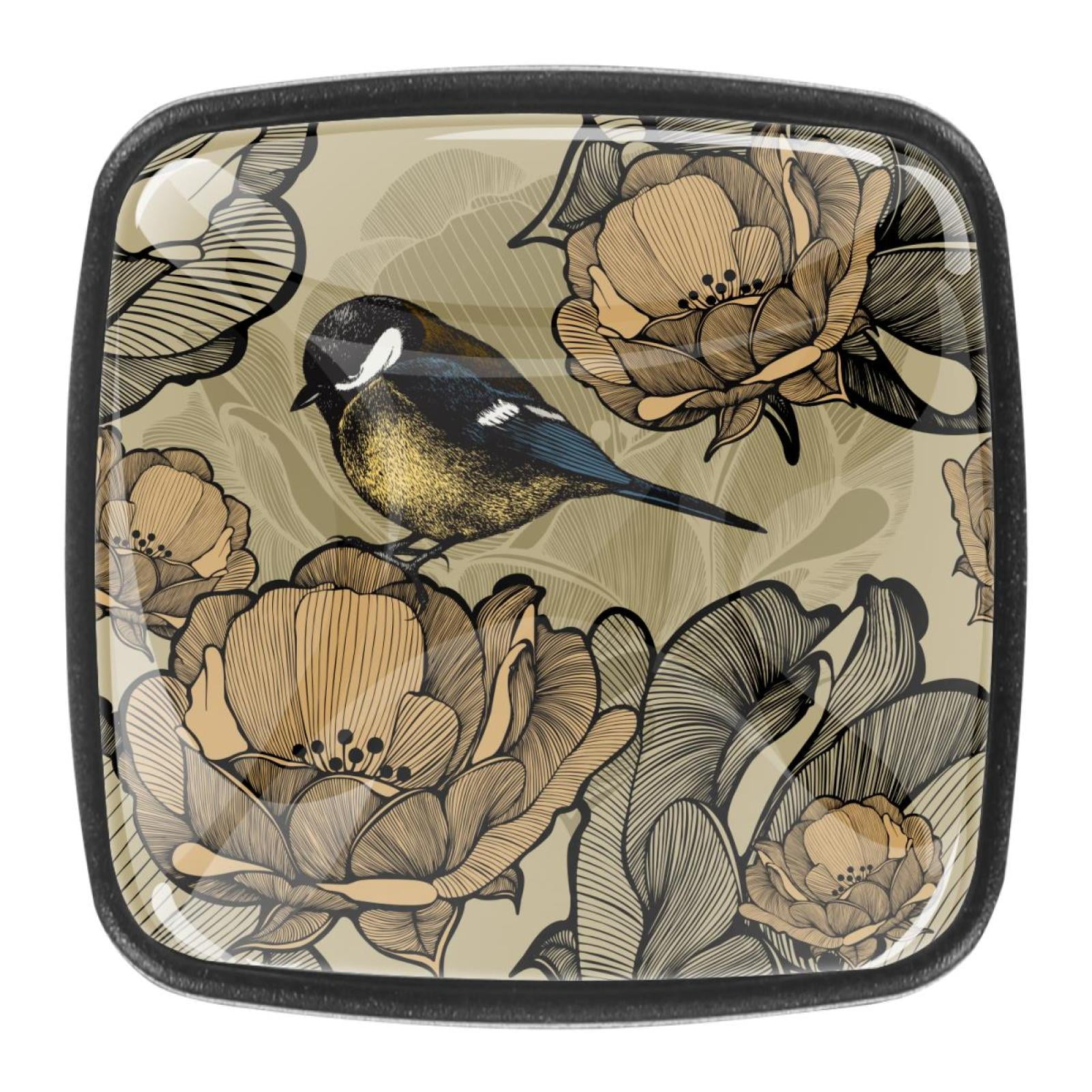 4 Pcs Square Cabinet Handle Cupboard Knob Drawer Pulls Handle Floral Titmouse Bird Drawer Knobs ...
