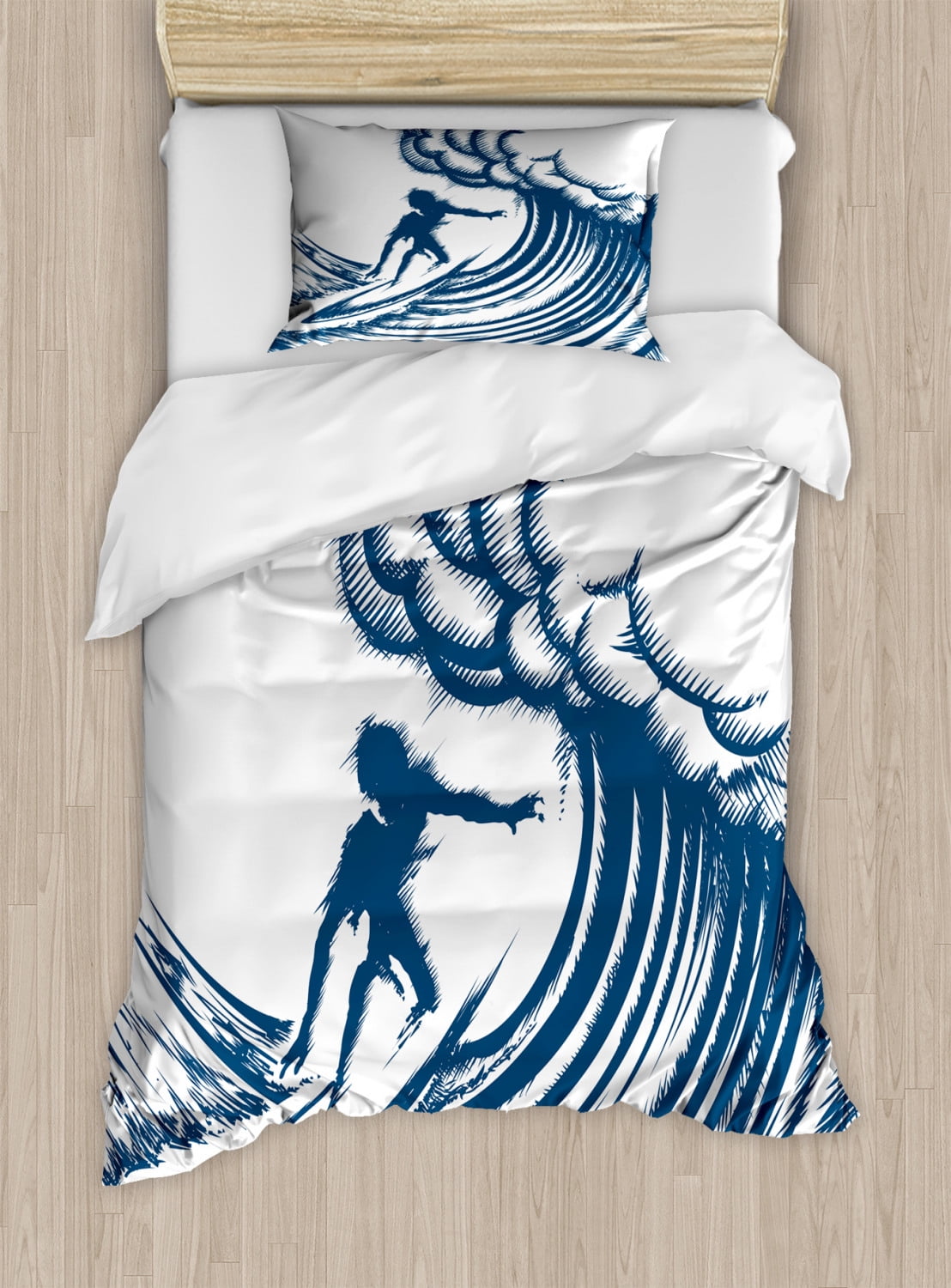 Surfing Twin Size Duvet Cover Set, Abstract Silhouette of a Surfer ...