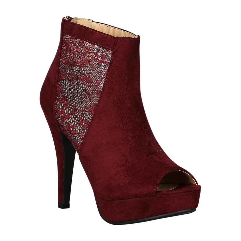 DoDo - Women Faux Suede Lace Panel Peep Toe Platform Heel Ankle Boot ...