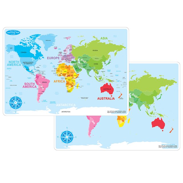 Smart Poly Learning Mat, 12" x 17", Double-Sided, World Basic Map ...