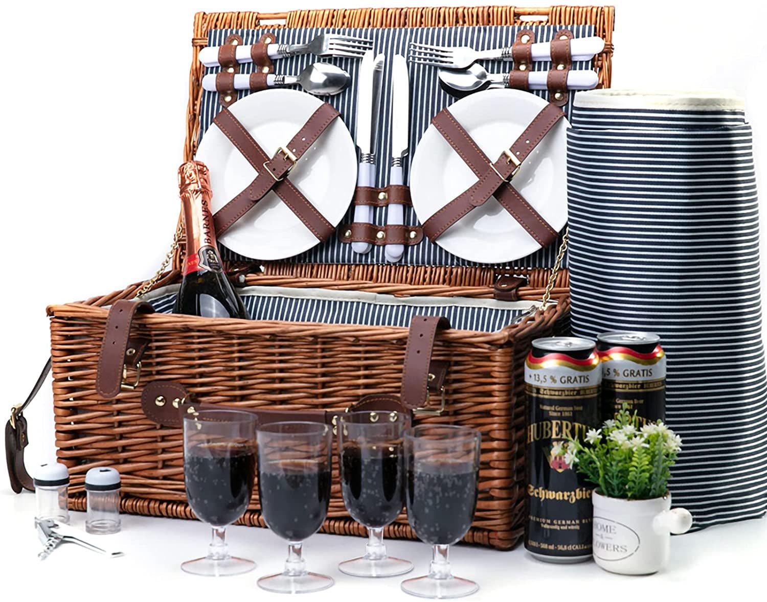 Large Wicker Picnic Basket Set for 4 with Insulated Cooler Compartment ...