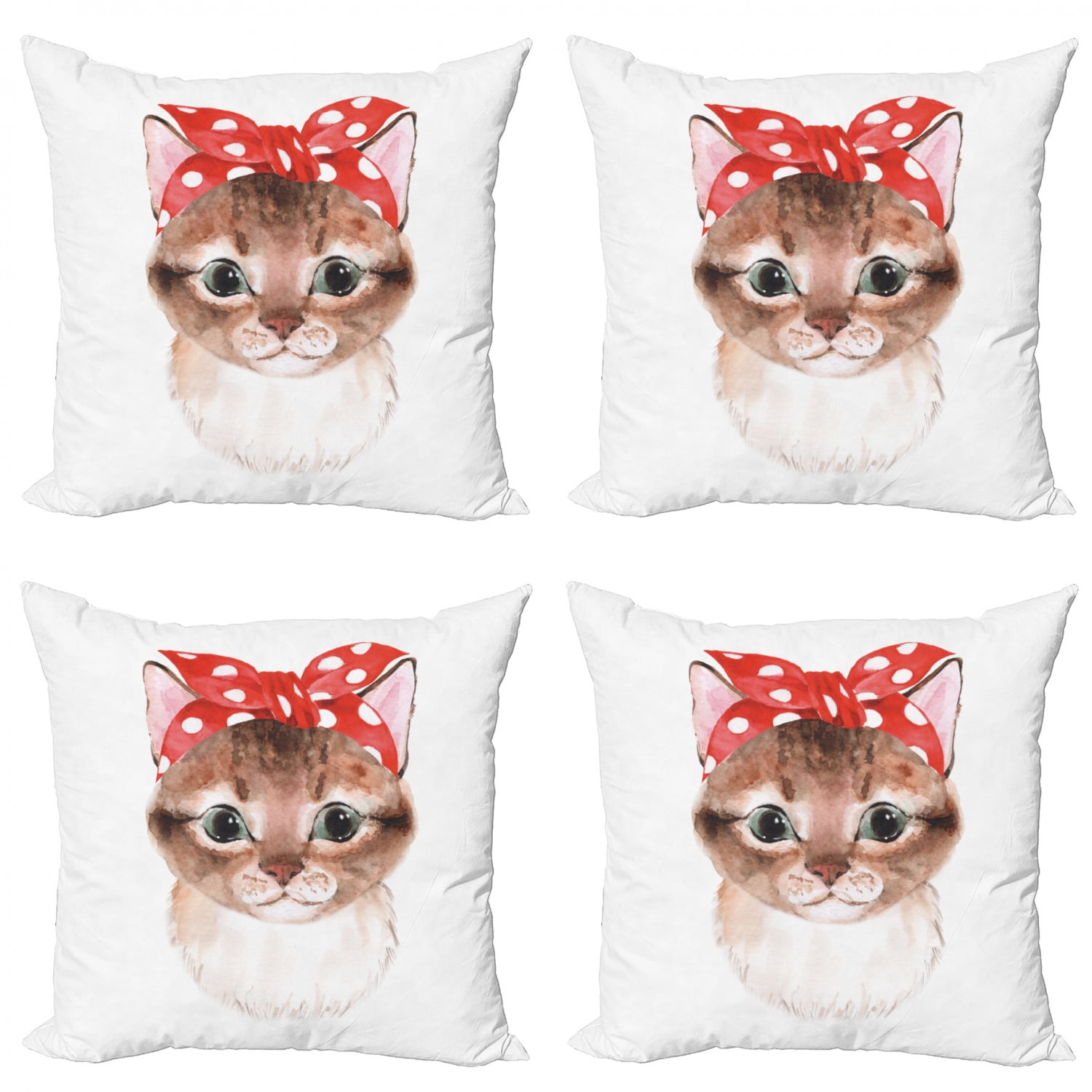 Ambesonne Cat Throw Pillow Cover 4 Pack, Kitten in a Dotted Bandana Art ...