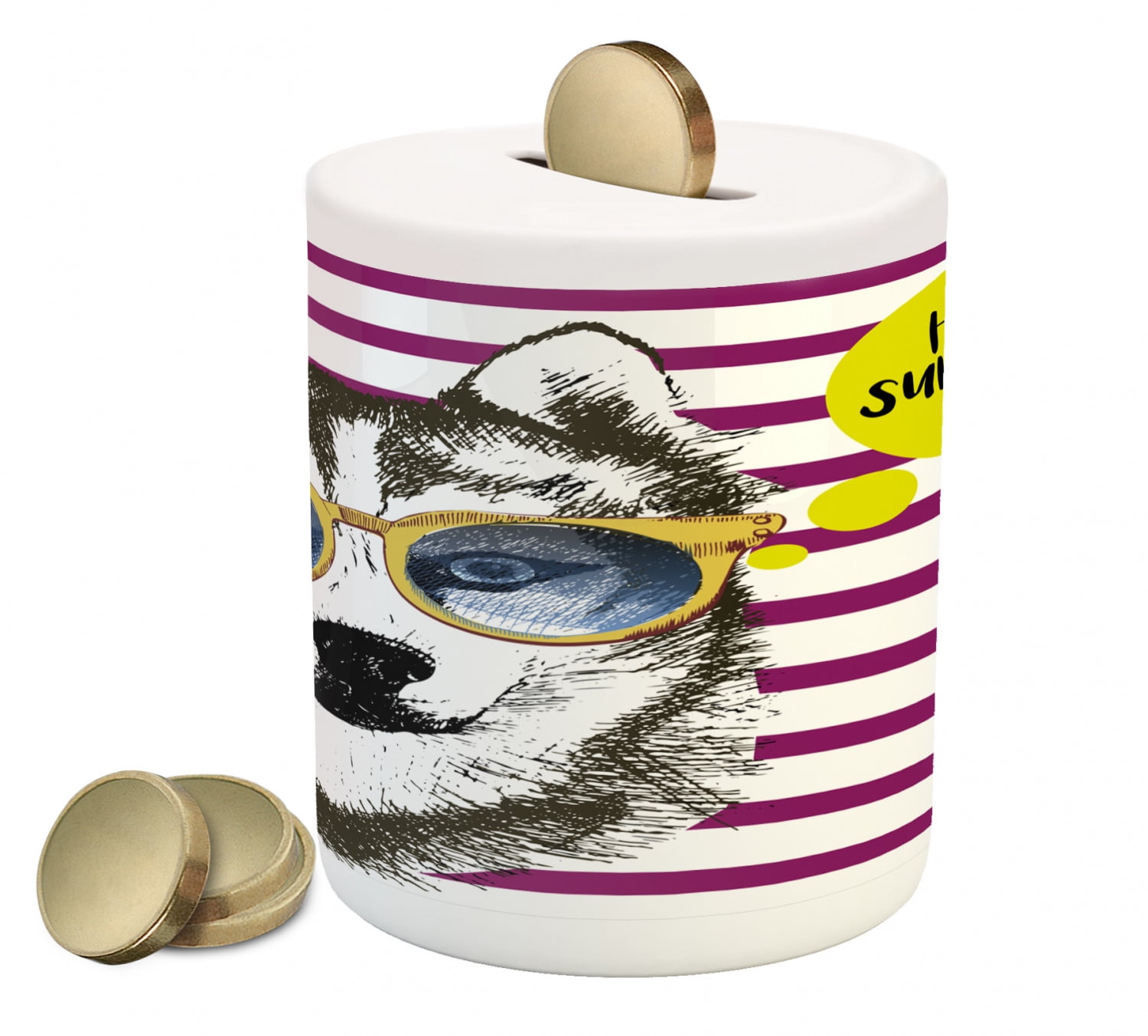 Alaskan Malamute Piggy Bank, Purple Stripes with Husky Sketch Yellow ...