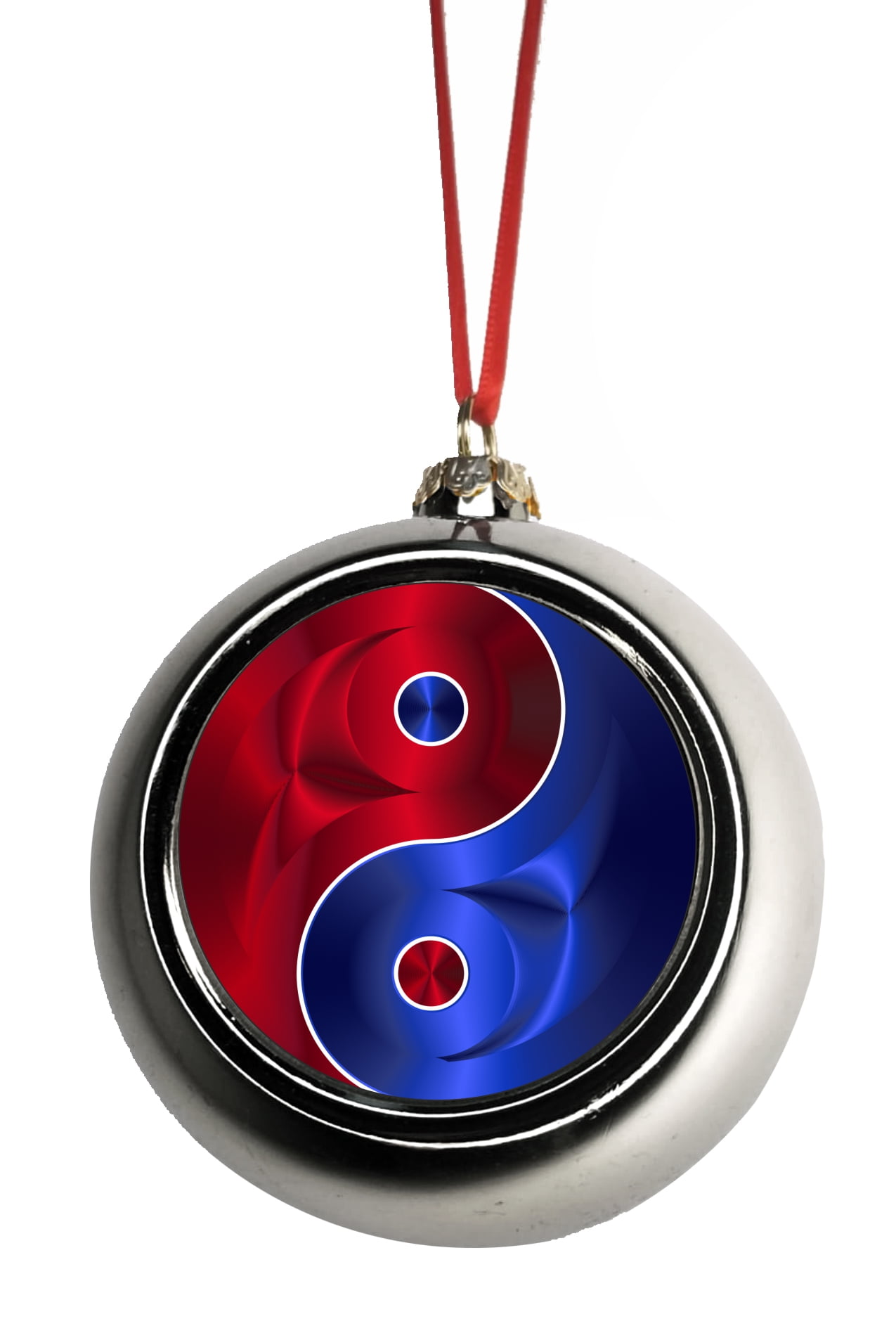 Red and Blue Yin Yang Peace Symbol Ornaments Silver Bauble Christmas ...