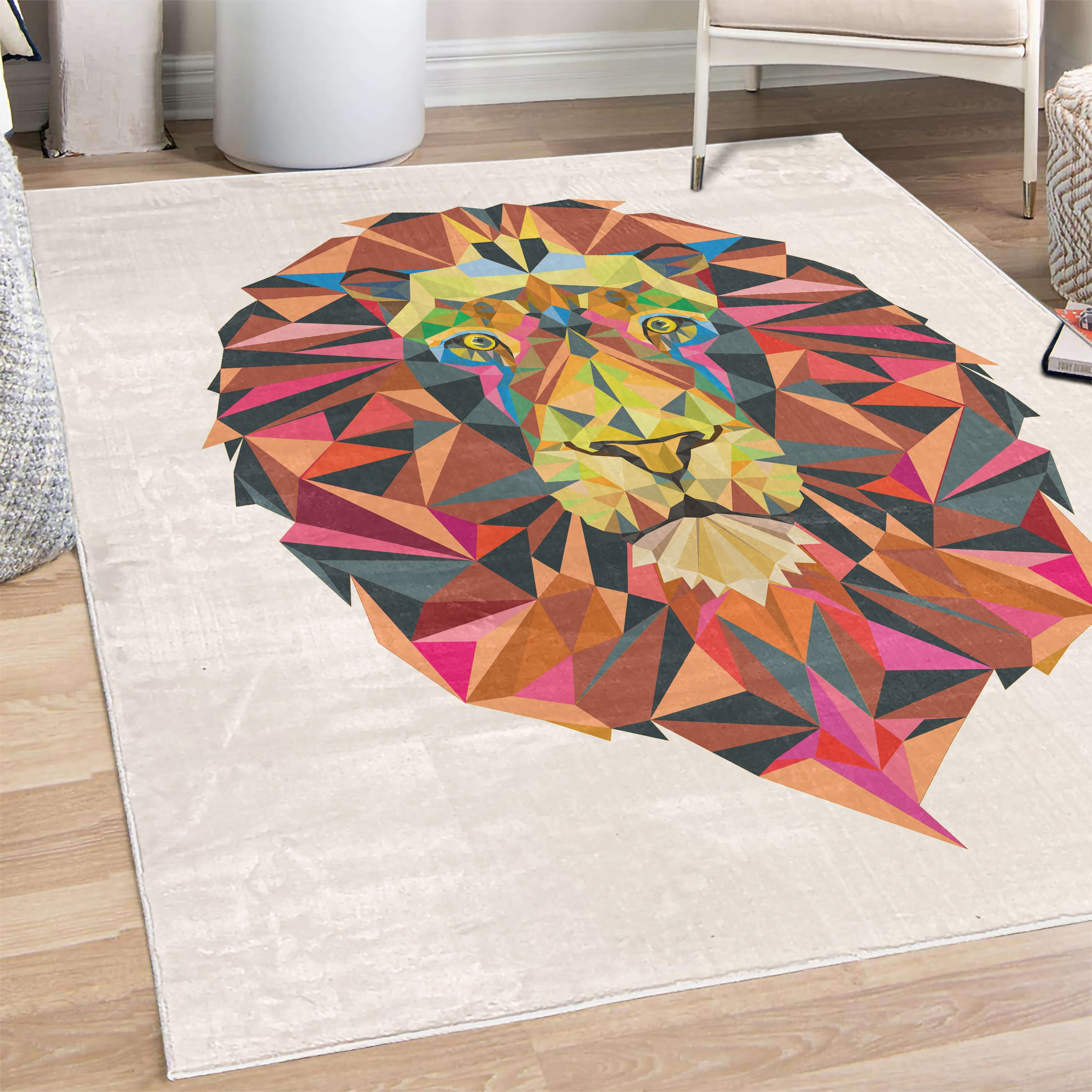 Zoo Decorative Rug, Colorful Animals Geometric Diamond Face Lions Mane ...