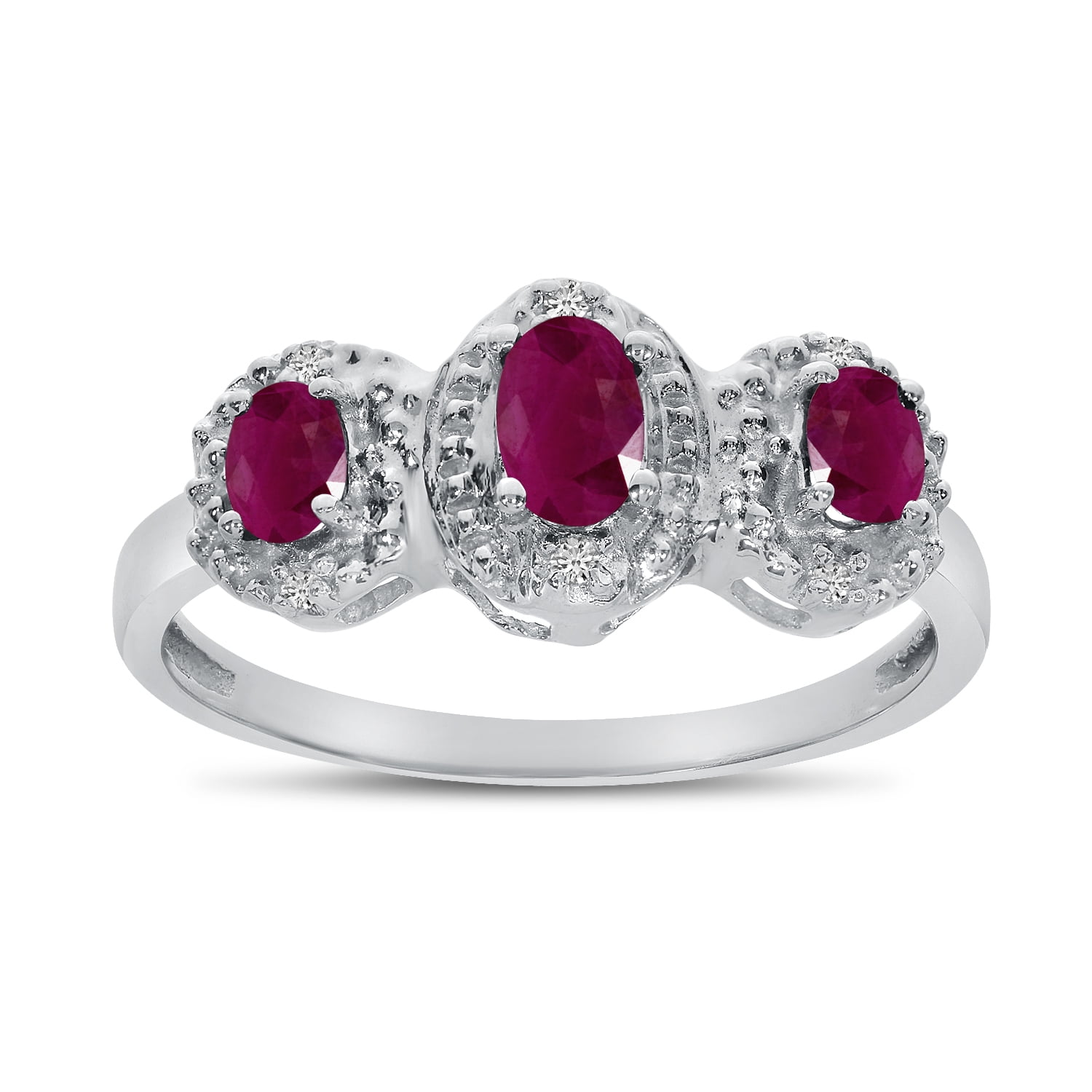 14k White Gold Oval Ruby And Diamond Three Stone Ring - Walmart.com