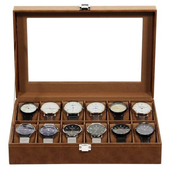 Uten 24-Slot Luxury PU Leather Watch Box, Large Glass Top Display Case ...