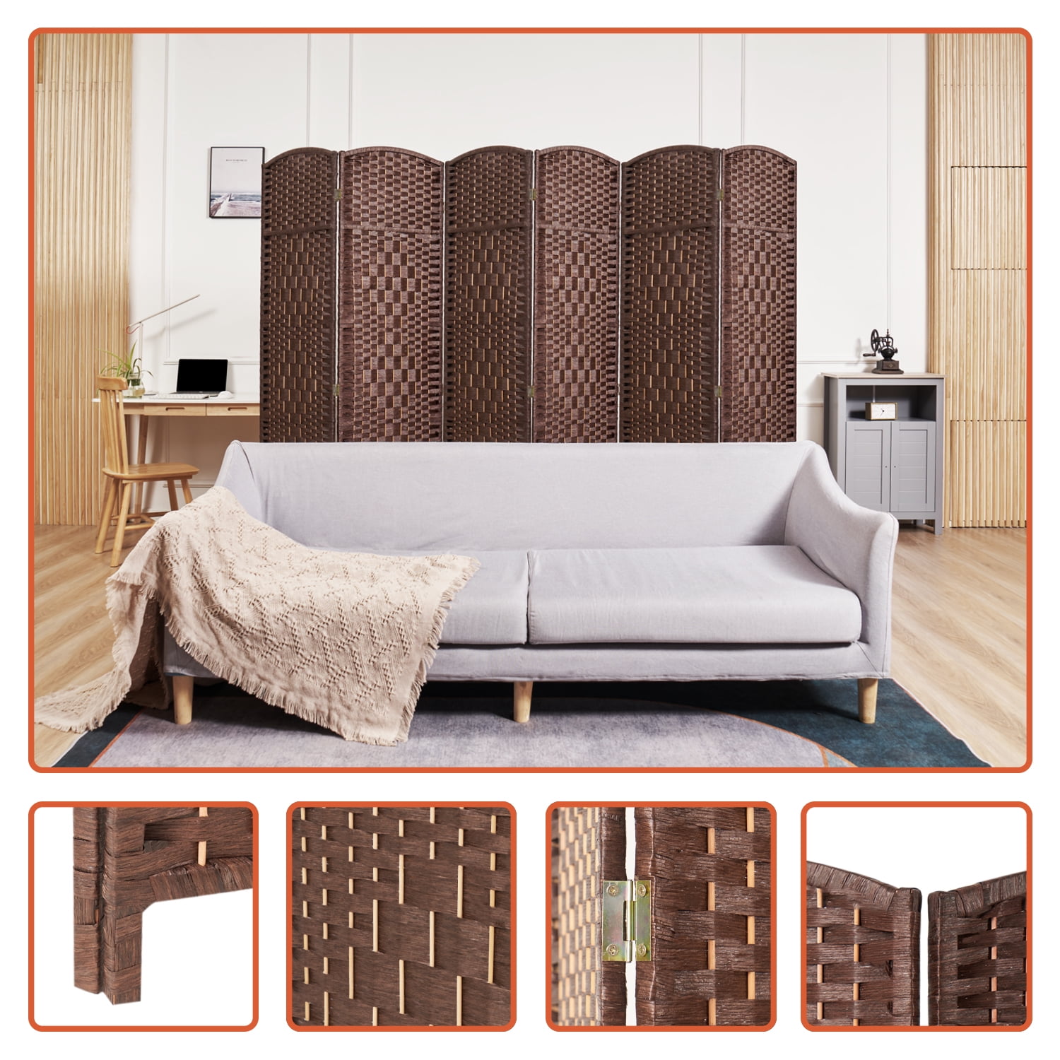 5.7ft Wood Fiber Woven Room Divider 6 Panels, Removable Brown Wooden ...
