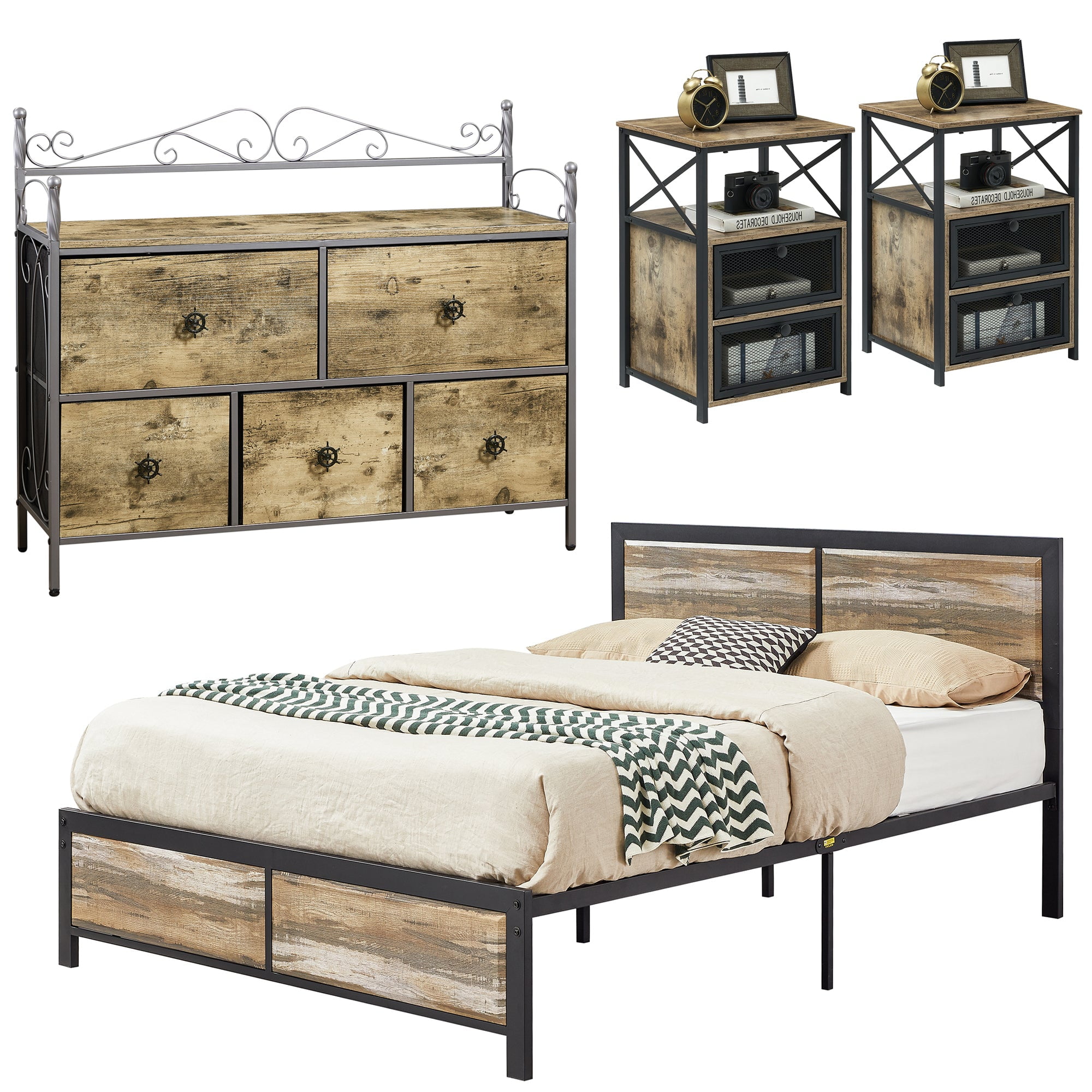 VECELO 4-Piece Full Size Bedroom Set with Bed Frame & 5-Drawer Dresser ...