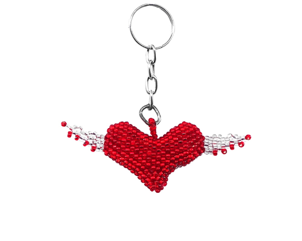 Heart Valentine Seed Bead 3D Figurine Keychain Metal Ring - Handmade ...