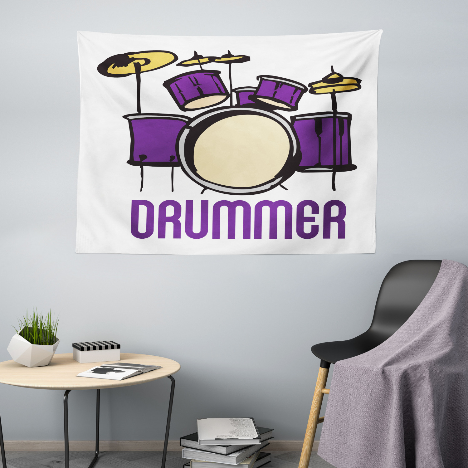 Drums Tapestry, Long Font Drummer Wording with Cartoon Style Graphics ...
