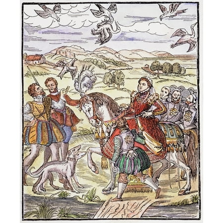 Queen Elizabeth I /Nof England Hawking: Woodcut From George Truberville ...