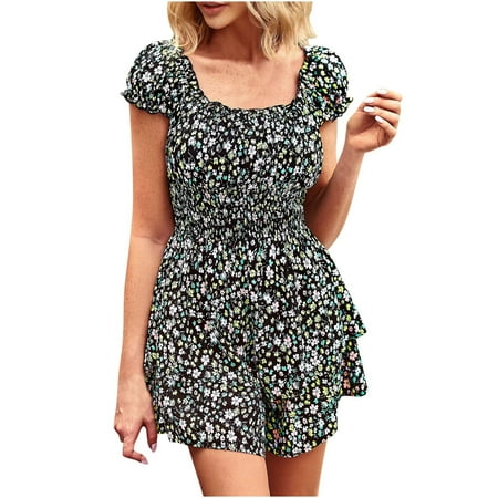 Womens Sexy Summer Romper Floral Cap Sleeve Square Neck Ruffle Layer ...