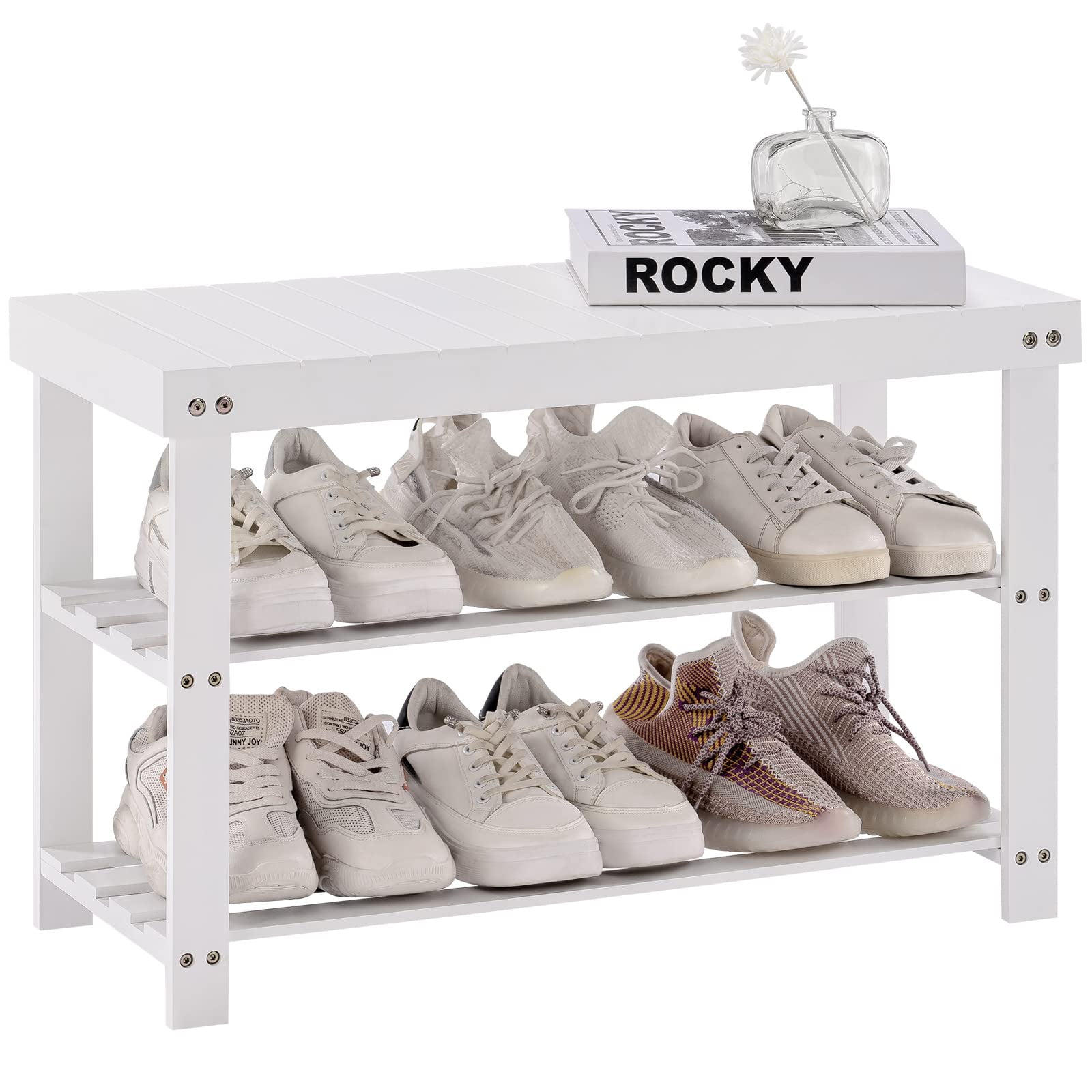 Bamboo Shoe Rack for Entryway, 3-Tier Shoe Rack Bench for Front Indoor ...
