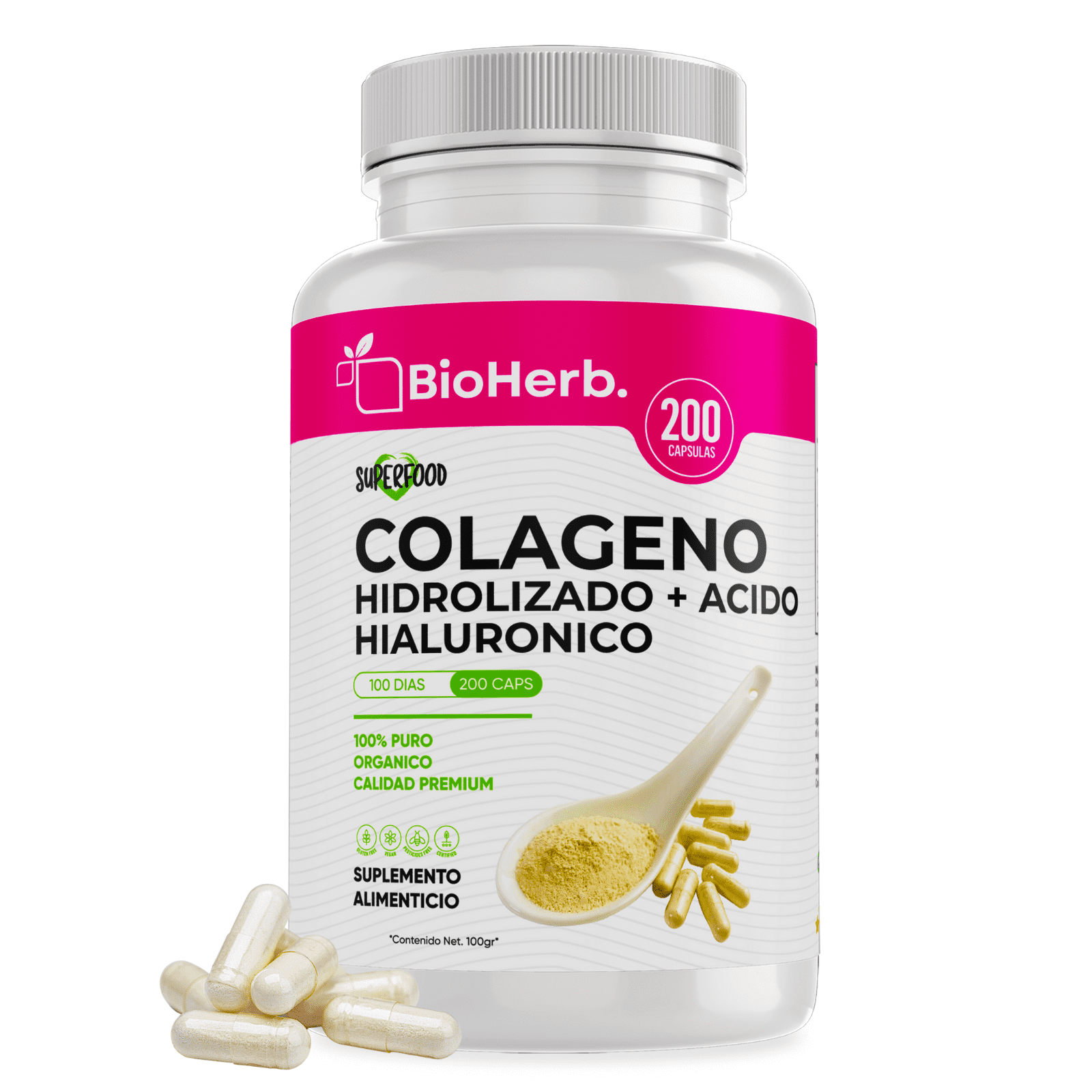 Colágeno Hidrolizado BioHerb Ácido Hialurónico 100% Puros 180 Cápsulas 500mg | Bodega Aurrera en ...