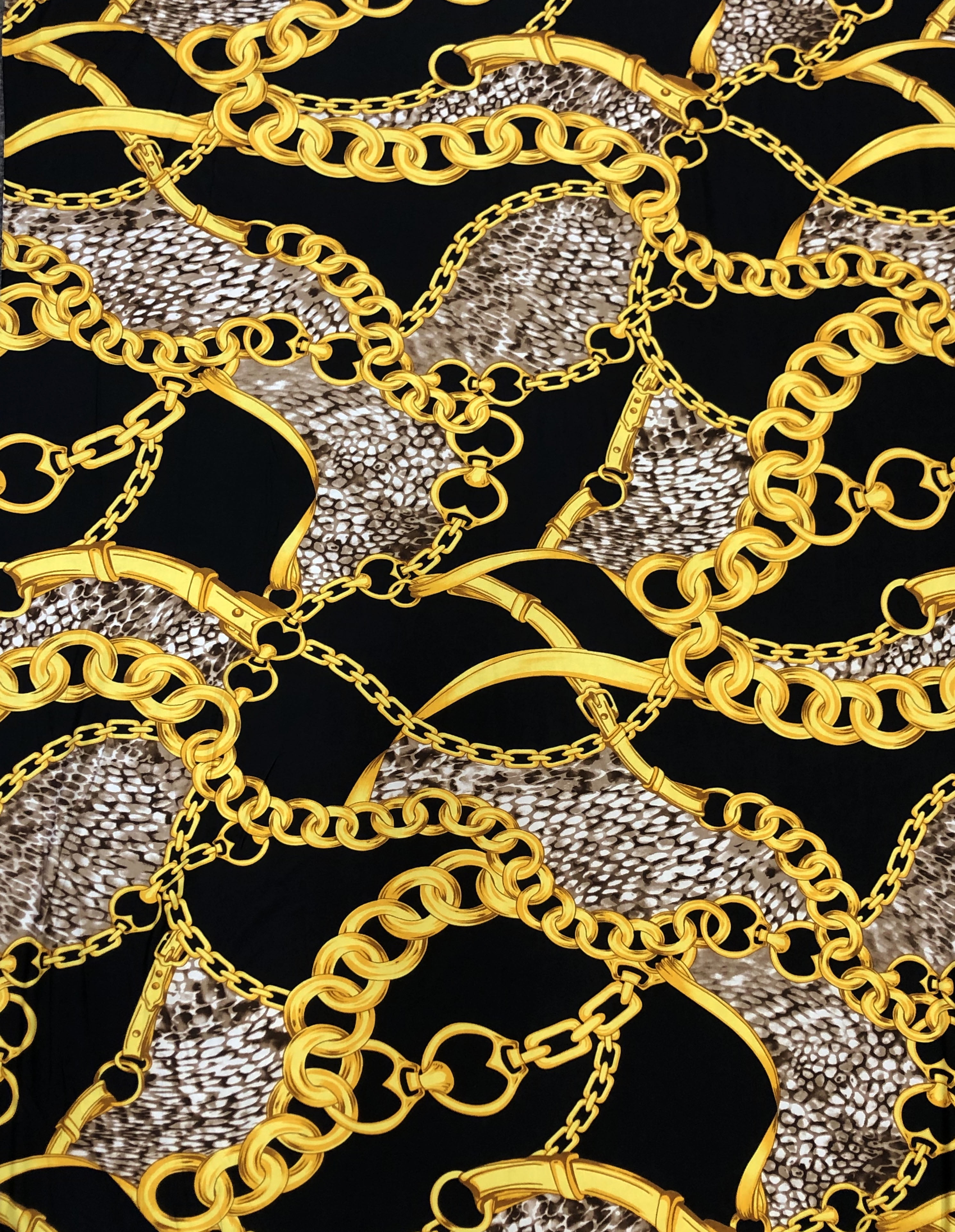 Gold Chains & Animal Print on Polyester Spandex 2 way Stretch Fabric by ...