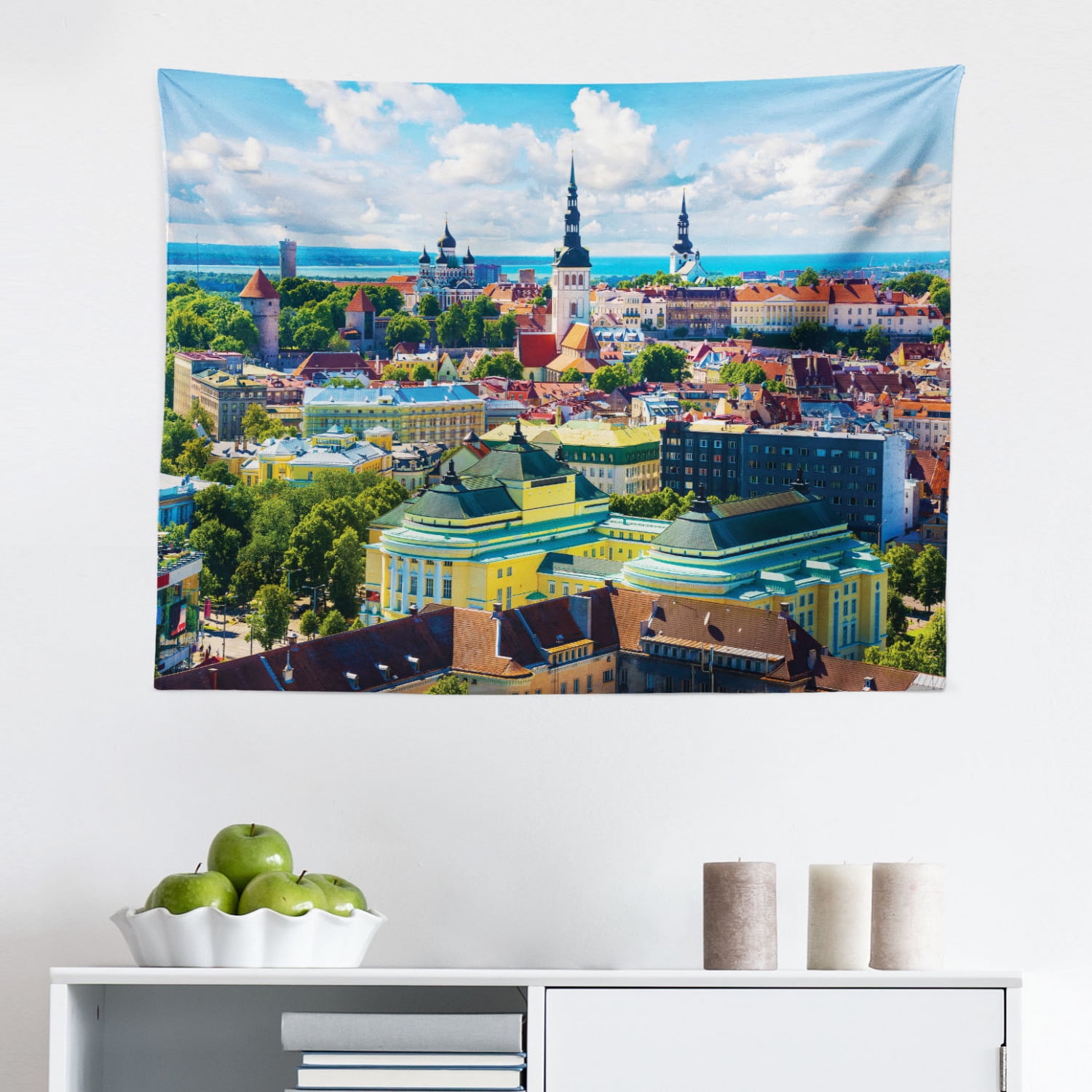 European Tapestry, Historic Print European of Salzburg Land with Cloudy ...