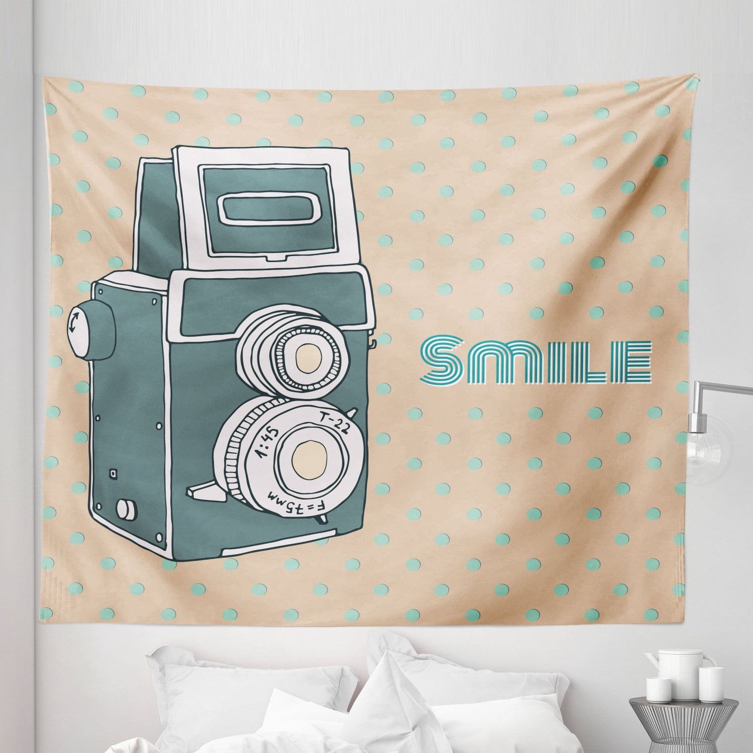 Camera Tapestry, Nostalgic Smile Calligraphy on Polka Dots Film Movie ...