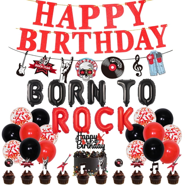 Rock Theme Red Black Party Decoration Glitter Birthday Banner Guitar ...
