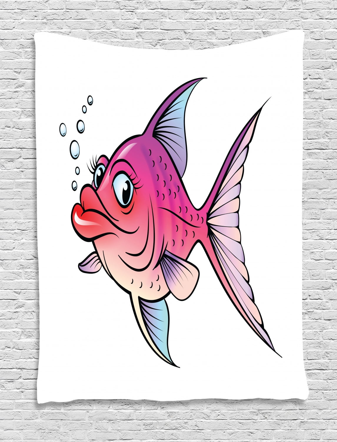 Fish Tapestry, Cartoon Style Smiling Female Goldfish with Plump Lips ...