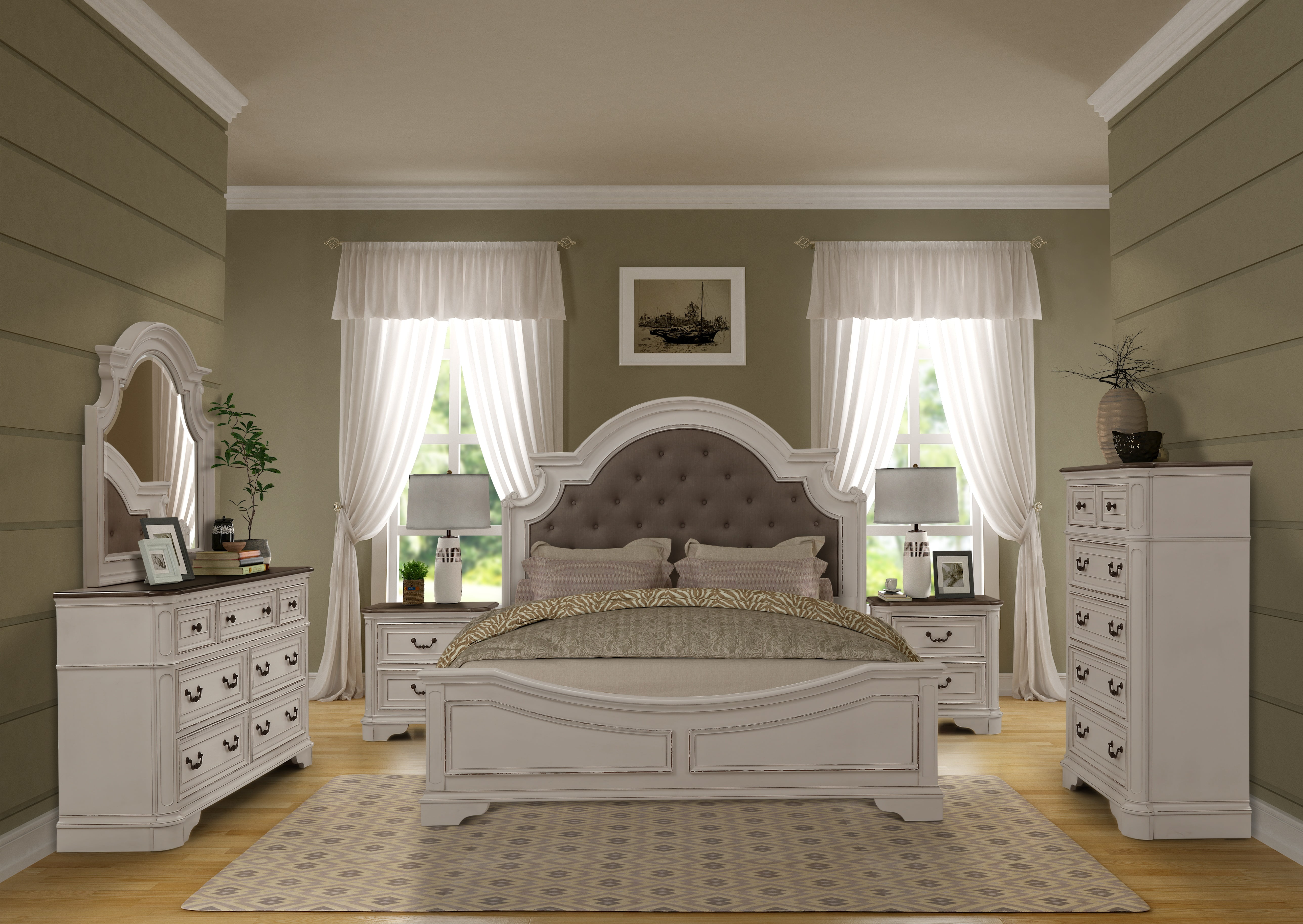 Laval Wood Bedroom Set, Upholstered King Bed, Dresser, Mirror, 2 ...