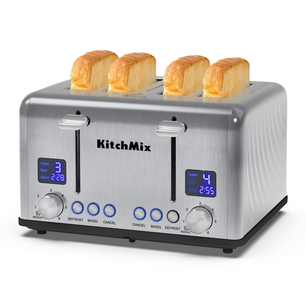 Toaster 4 Slice, KitchMix Bagel Stainless Toaster with LCD Timer, Extra ...
