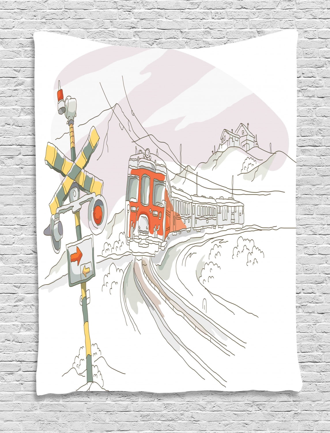 Railroad Tapestry, Sketch Style Composition Train on the Tracks Drawn ...