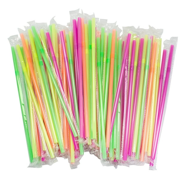 Jacent Individually Wrapped Plastic Neon Flex Drinking Straws: 100 Per ...