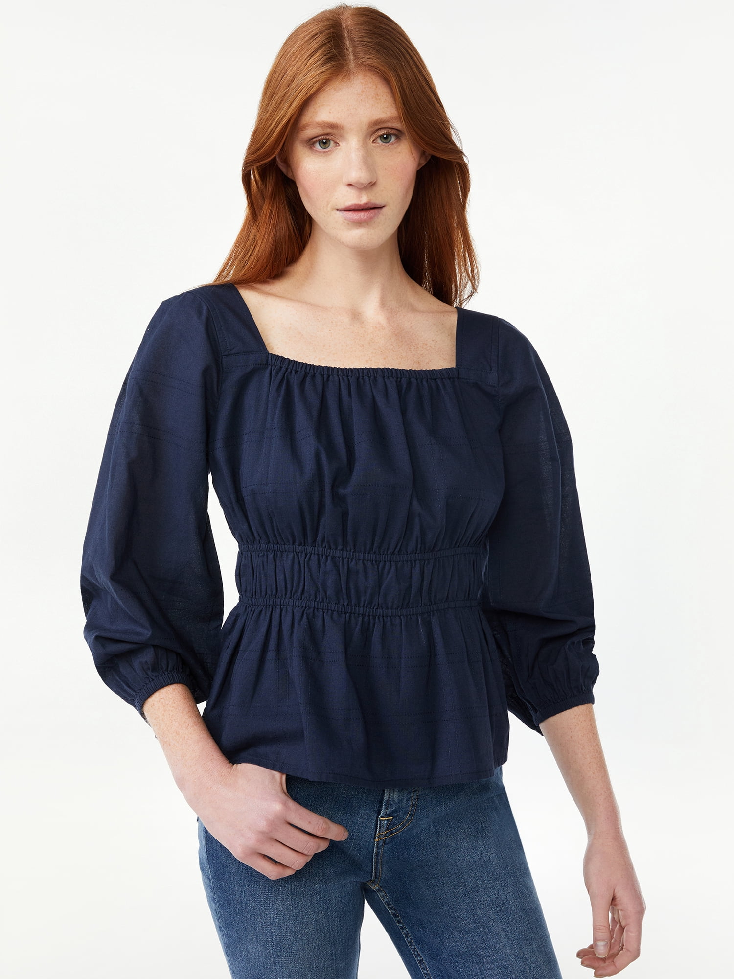 Free Assembly Women's Square Neck Top with Blouson Sleeves - Walmart.com