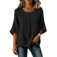 3/4 Length Sleeve Womens Tops Linen Solid Color Crew Neck Embroidered ...