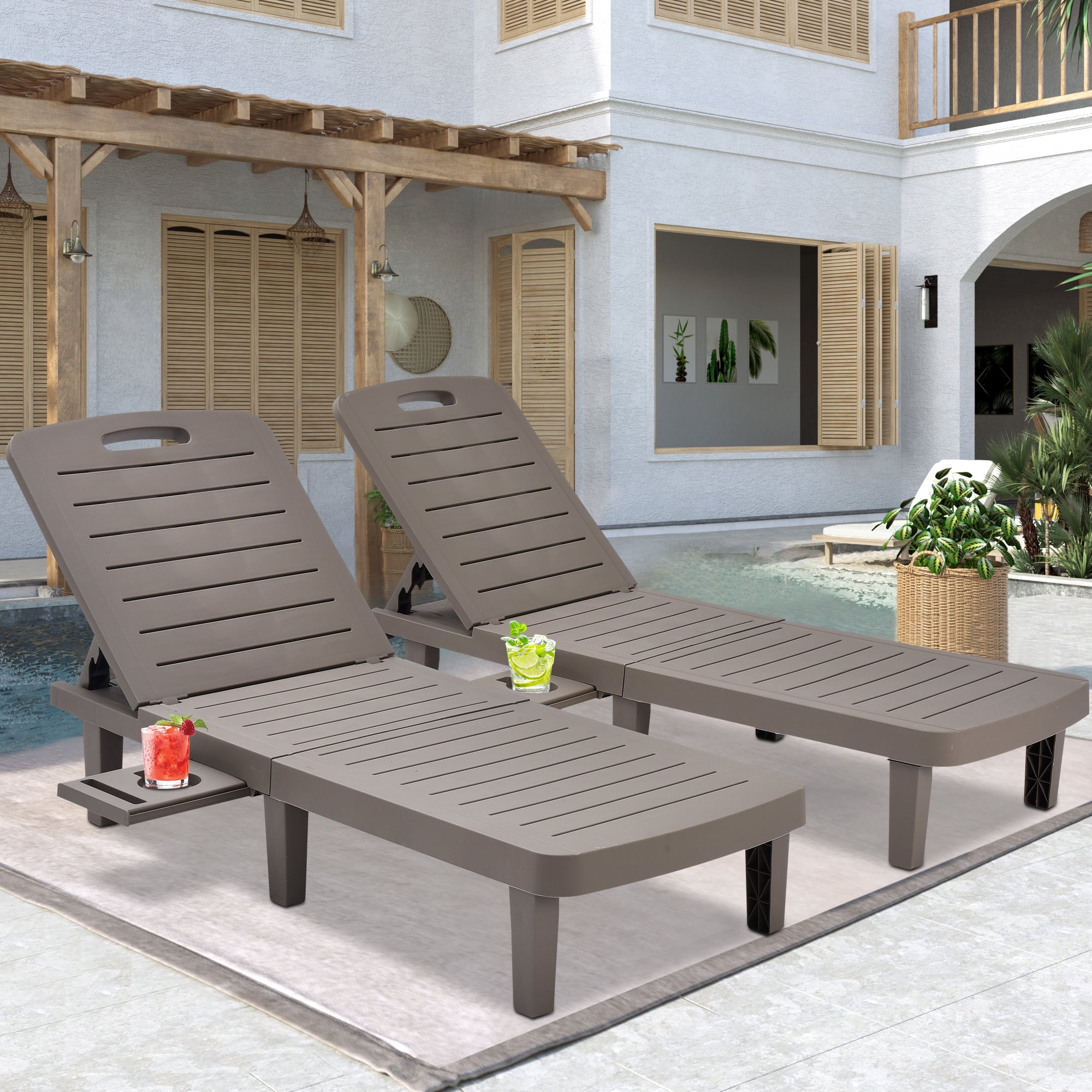 Patio Lounge Chair Set of 2, Adjustable Chaise with Side Table, Outdoor ...