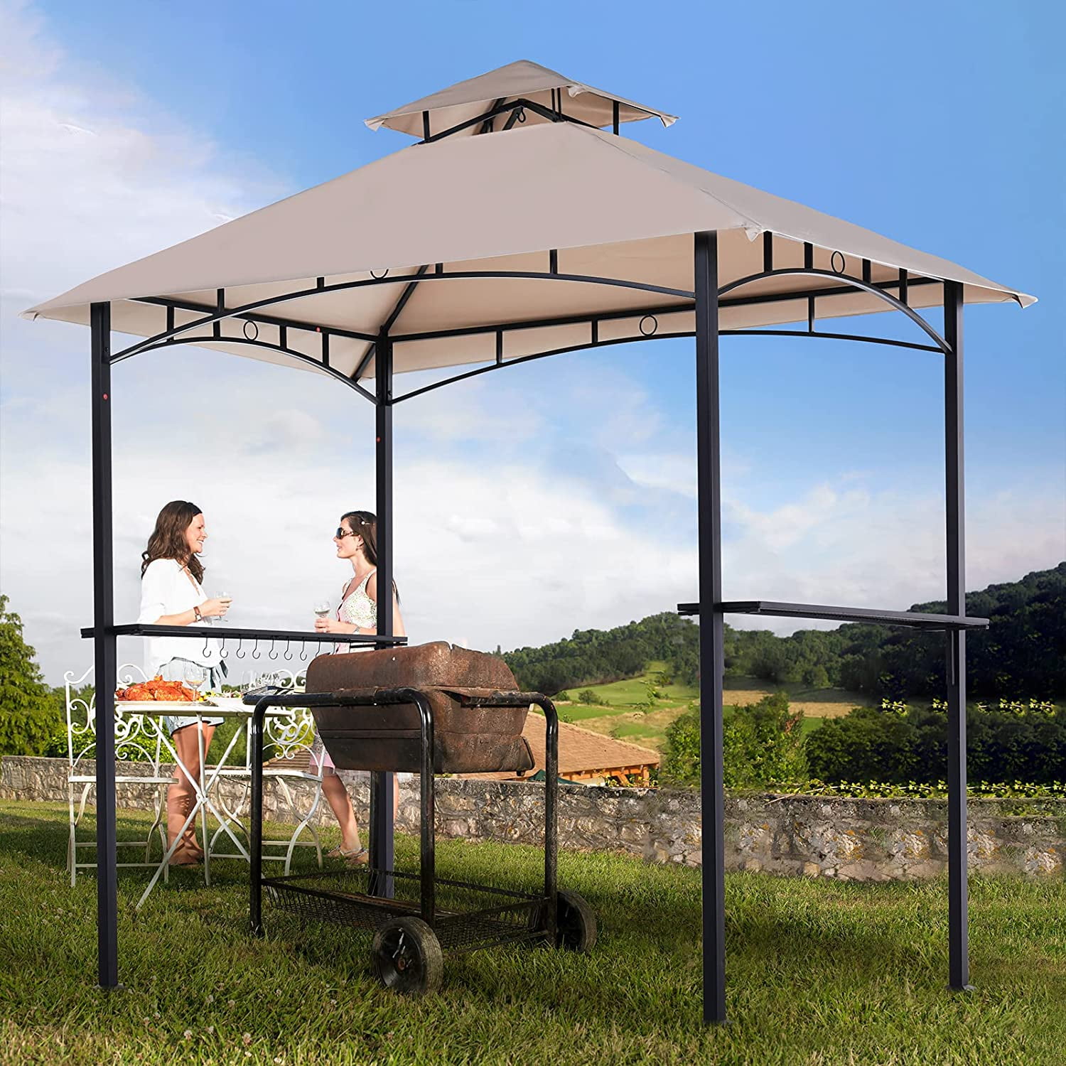 8x5FT Outdoor Grill Gazebo 2-Tier Vented BBQ Canopy Steel Frame, Dark ...